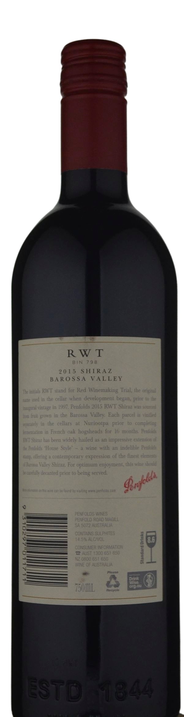 Penfolds RWT Barossa Valley Shiraz 2015 » $205.00 ( in stock) | Cellarit